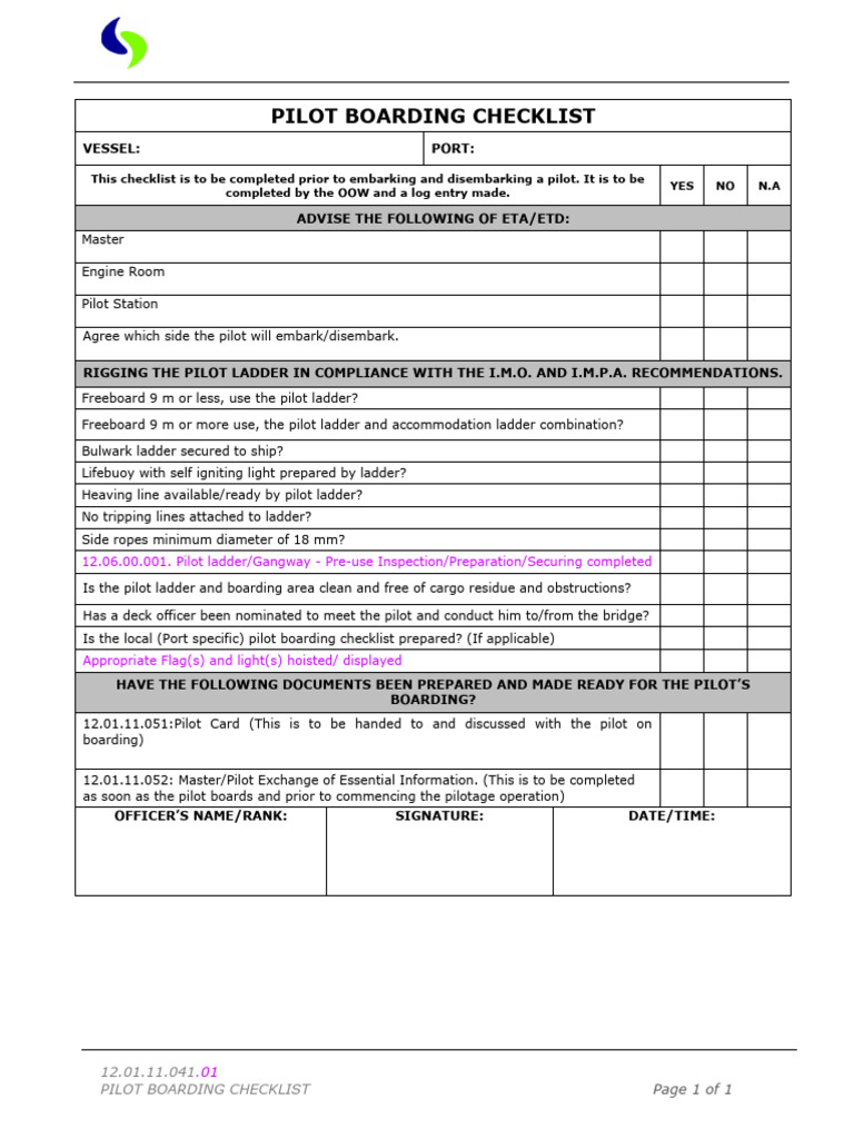Pilot Boarding Safety Checklist | PDF | Computers | Technology ...