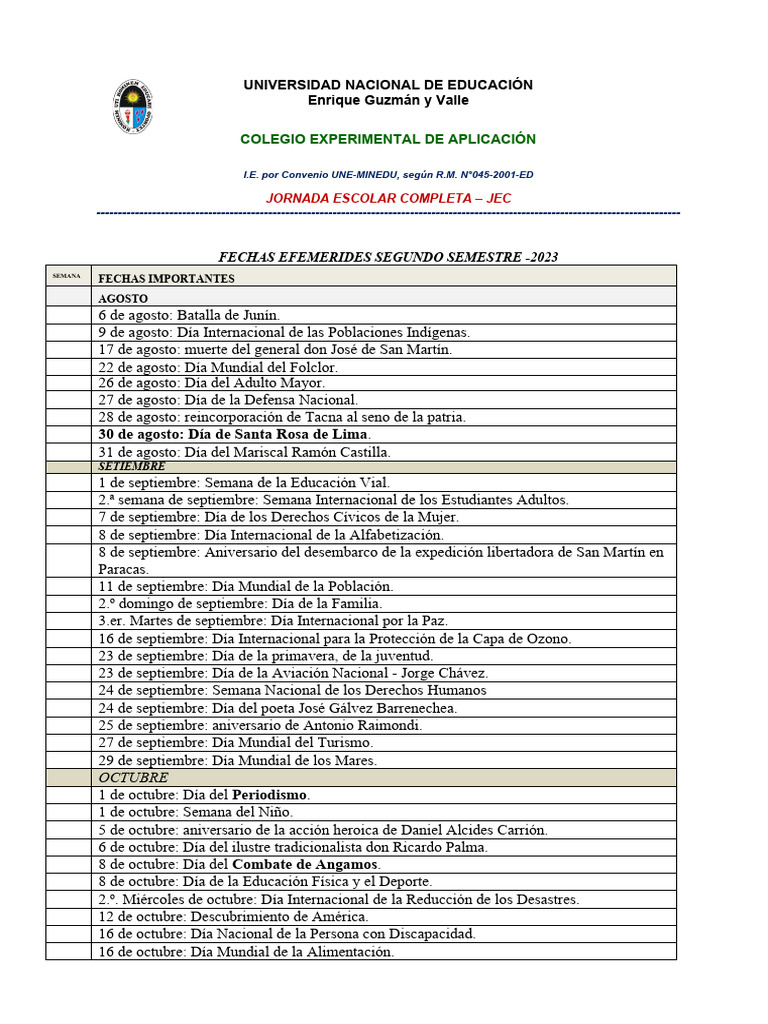 Cronograma de Fechas Efemeredis - 2023 - Ceaune - 2do Semestre | PDF | Perú | América del Sur