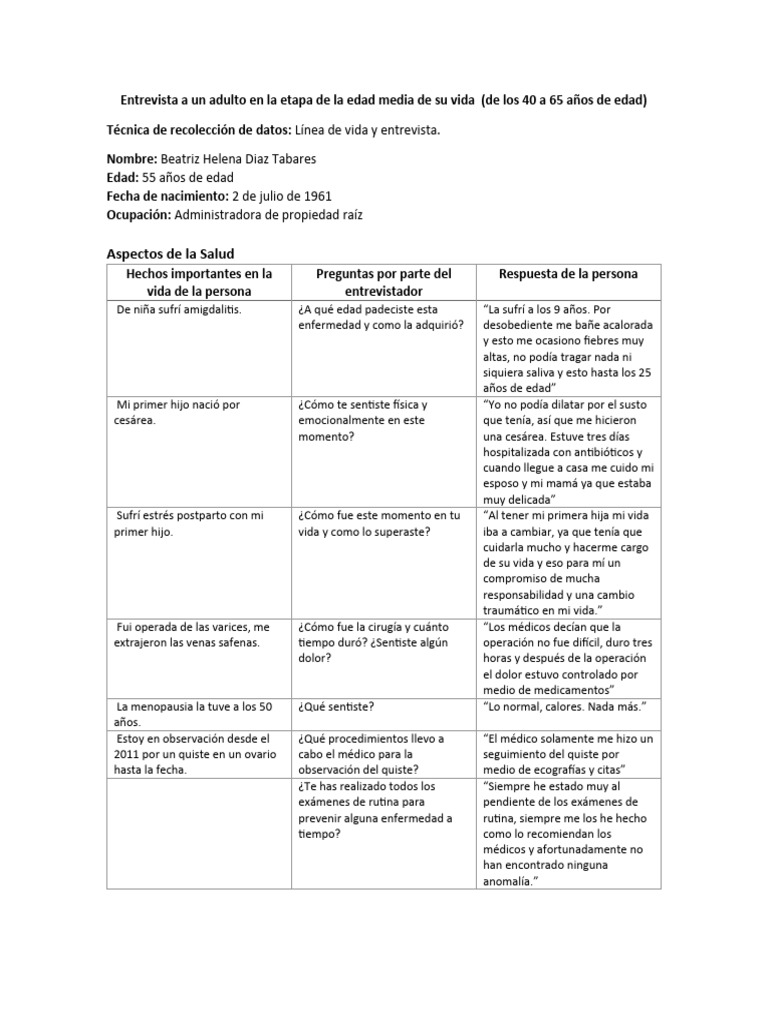 Entrevista a un adulto en la etapa de la edad media de su vida | PDF | Sicología | Ciencias del ...