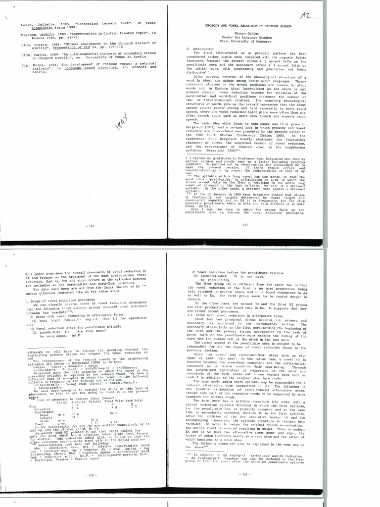 Oshima 1994 Prosody and Vowel Reduction in Eastern Aleut AL977O1994 | PDF | Stress (Linguistics ...