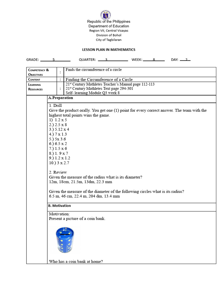 Prototype-Lesson-Plan-in-Math5 Q3-wk8-D2 | PDF | Circle | Length