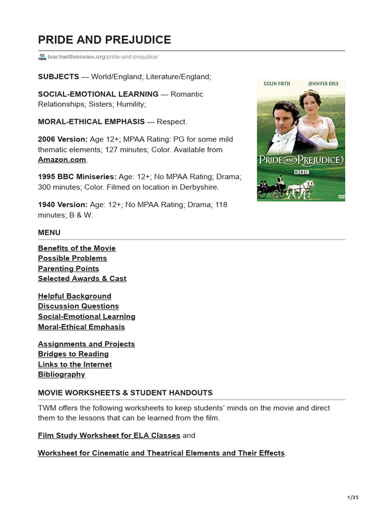 Pride and Prejudice Film Study Guide | PDF | Mr. Darcy | Pride And ...