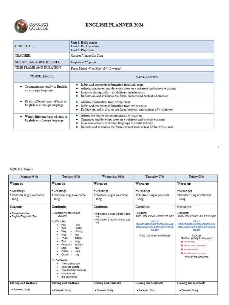 2nd Grade English Planner 2024 | PDF | Human Communication