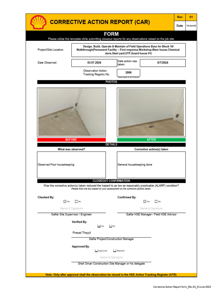 Corrective Action Report (CAR) - Team-05 Walkthrough-03.07.2024 | PDF ...