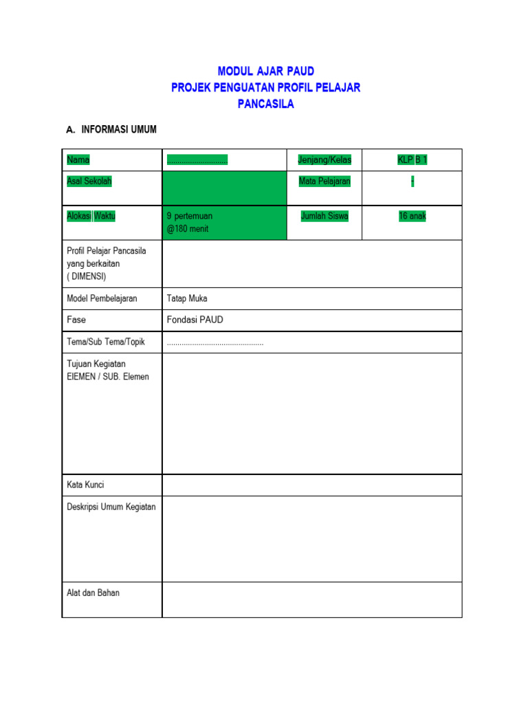 Contoh Modul P5 Paud | PDF
