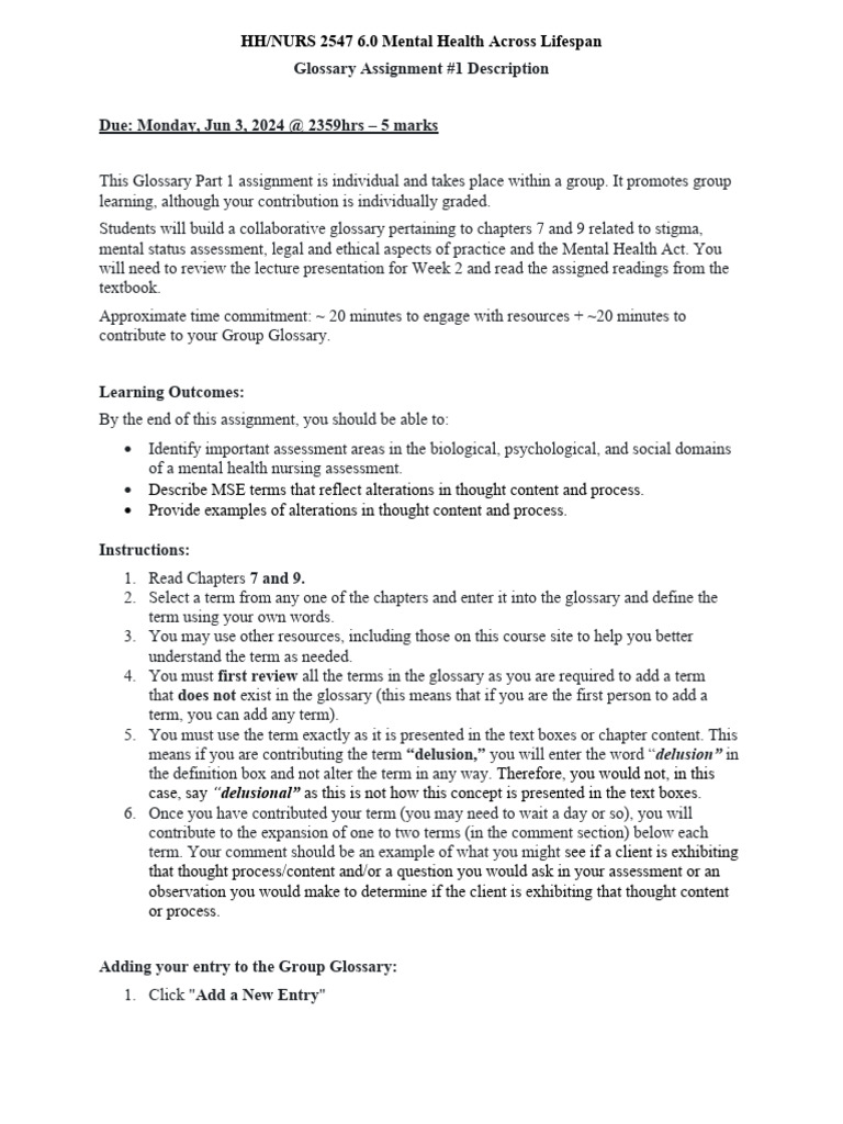 Glossary Assignment # 1 Instructions | PDF | Mental Health | Behavior Modification
