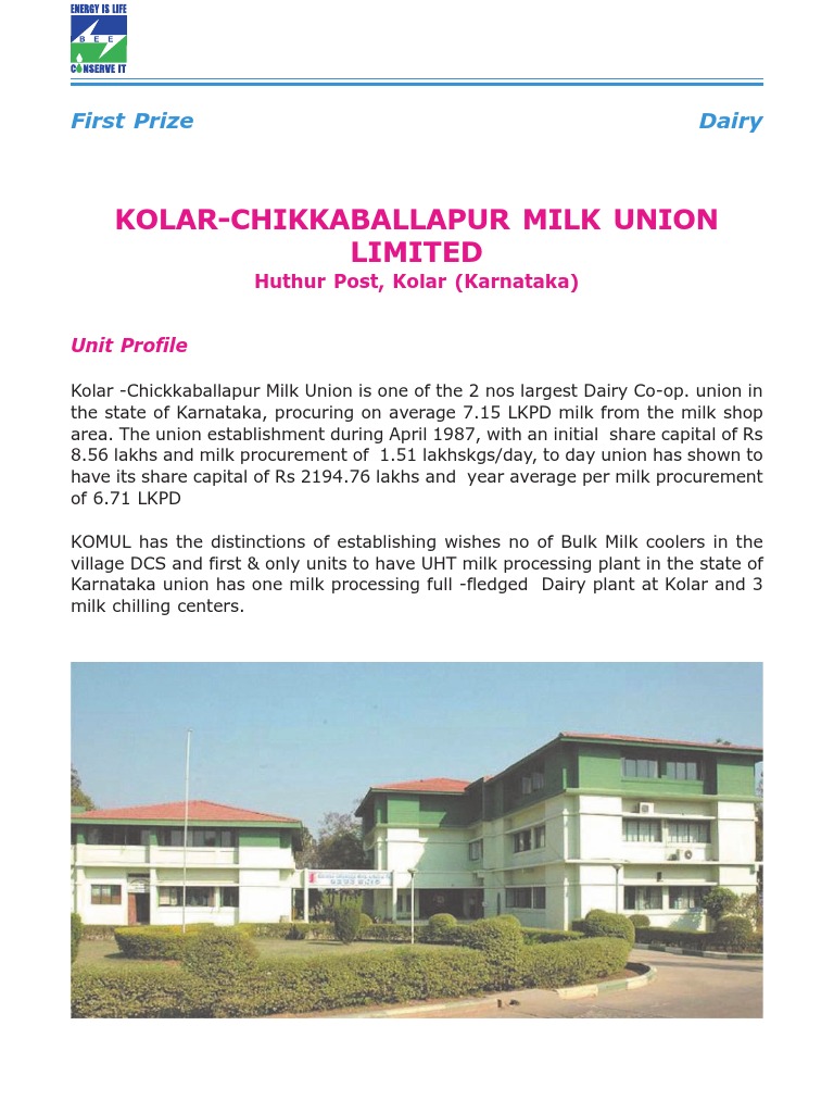Kolar-Chikkaballapur Milk Union Limited: First Prize Dairy | PDF ...