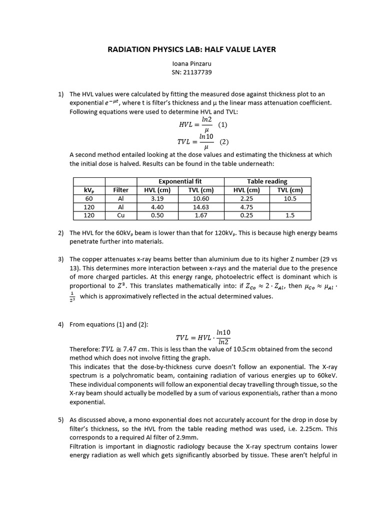 Radiation Physics Lab: Half Value Layer: Exponential Fit Table Reading ...