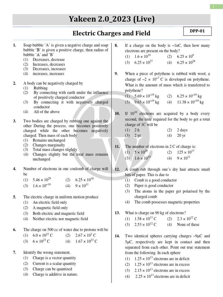 Electric Charges and Field DPP 01 | PDF | Electric Charge | Magnetic Field