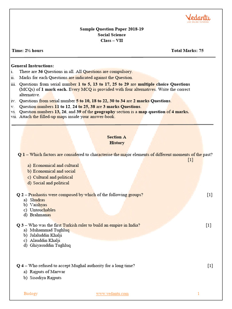 CBSE Sample Paper for Class 7 Social Science with Solutions - Mock Paper-1 | PDF | Rock (Geology ...