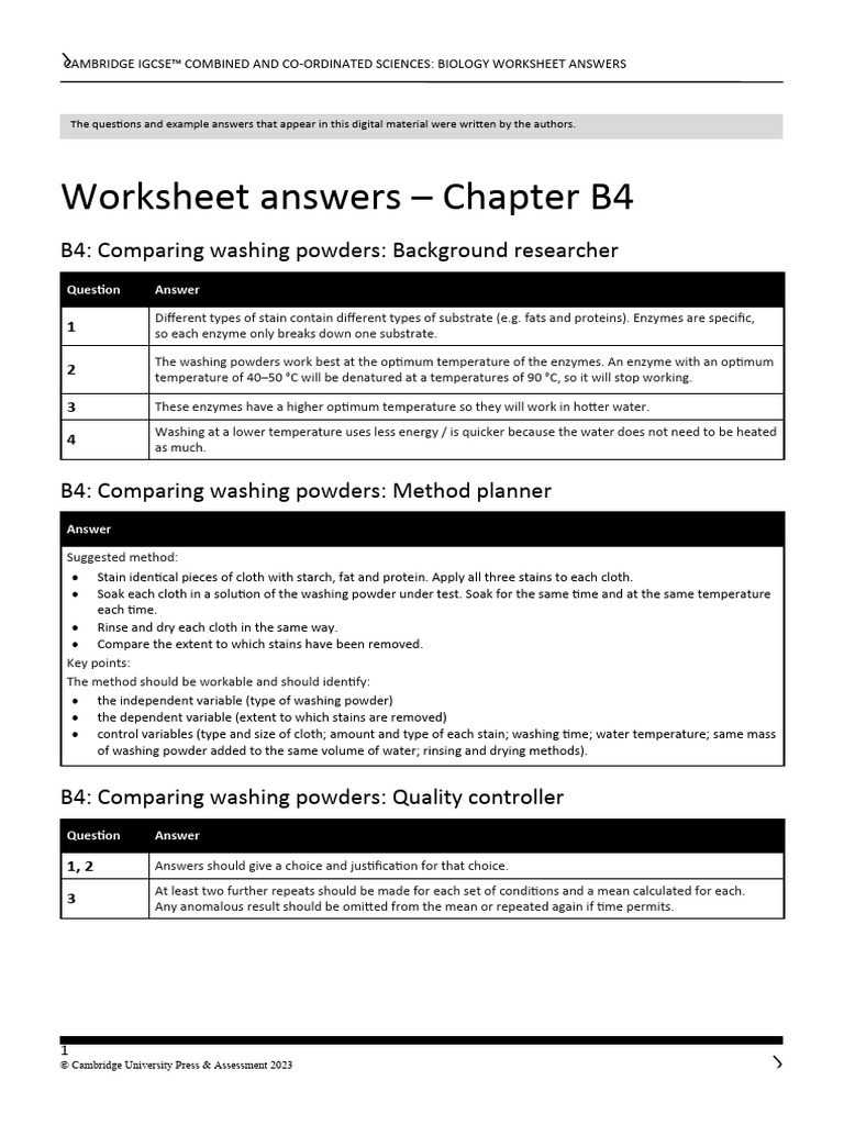 Igcse Ccsbio 2ed TR Ws Answers 4 | PDF | Enzyme | Temperature
