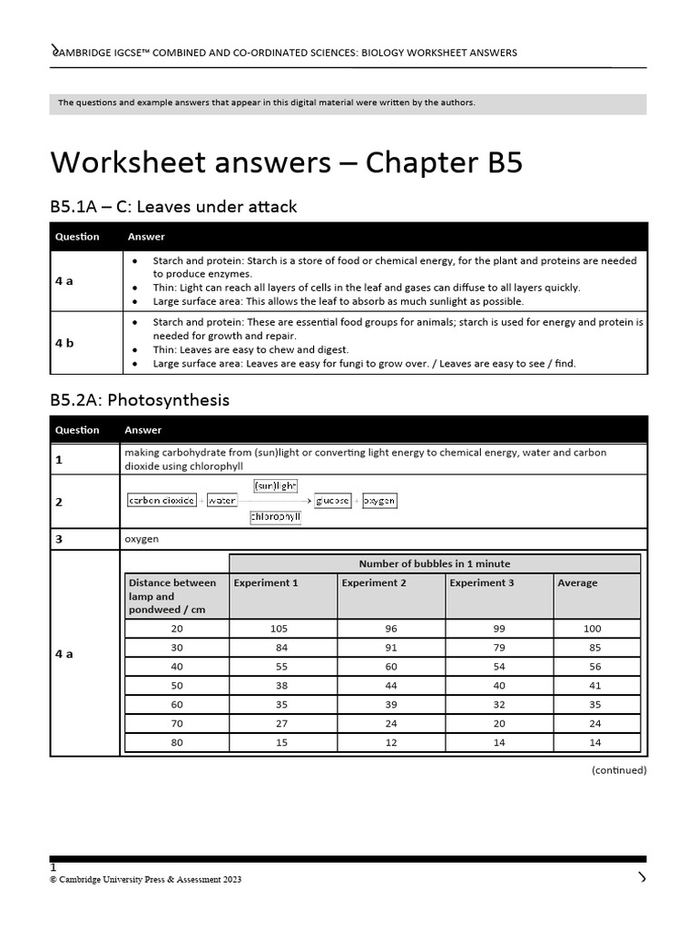 Igcse Ccsbio 2ed TR Ws Answers 5 | PDF | Photosynthesis | Leaf