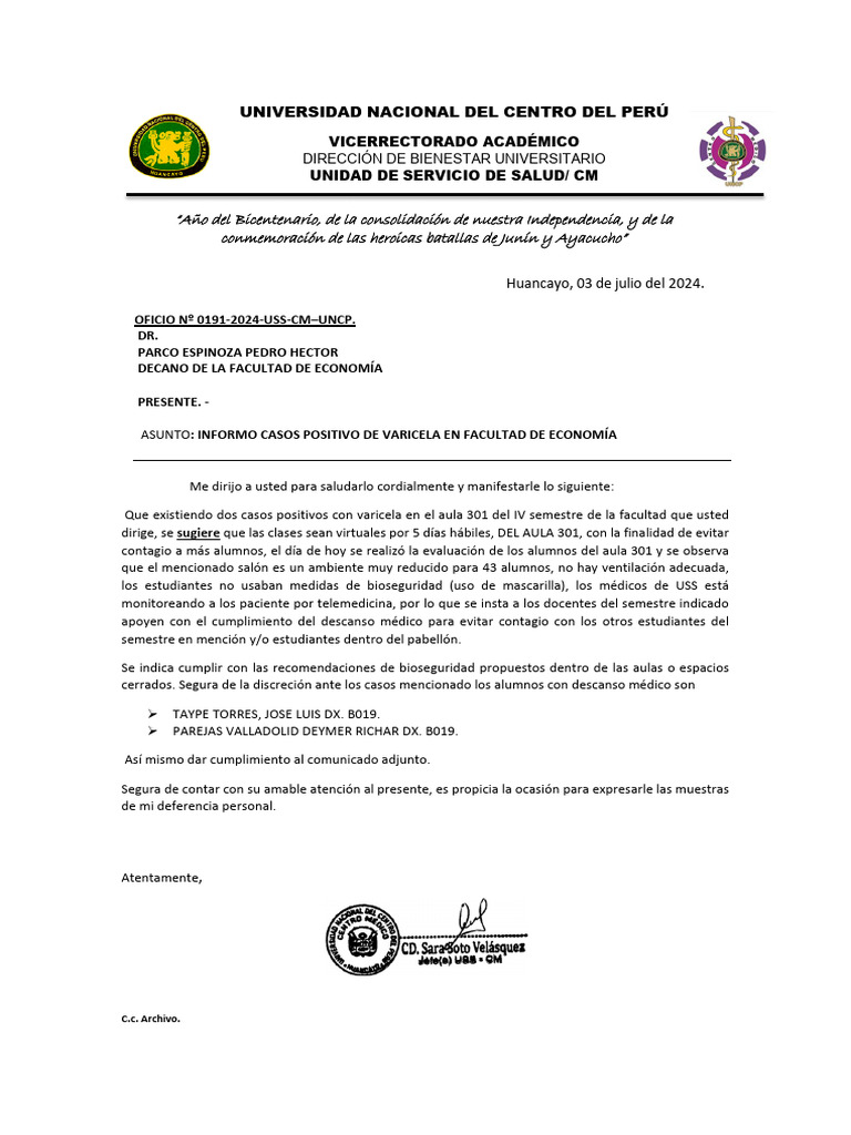 Oficio #0191-2024-Uss-Cm-Uncp | PDF | Medicina | Ciencias de la Salud