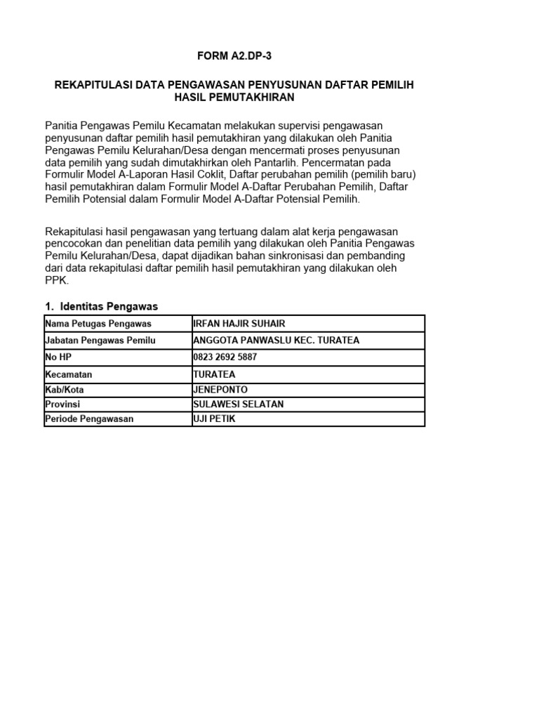 27 Juni - 3 Juli 2024 FORM A2.DP-3 PANWASLU KECAMATAN | PDF