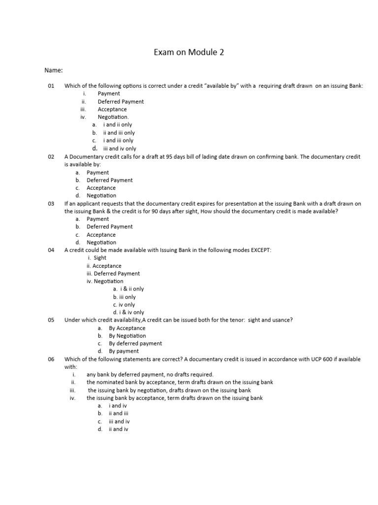 Module 2 Exam Without Answers | PDF | Letter Of Credit | Credit