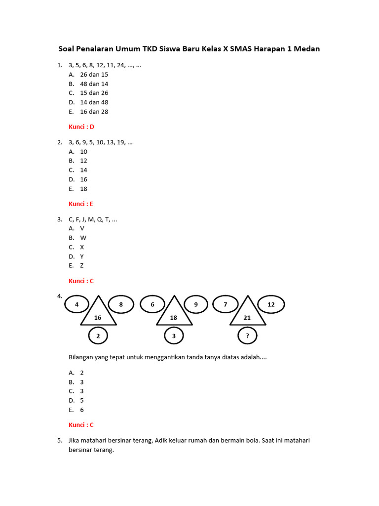 Soal Penalaran Umum TKD Siswa Baru Kelas X SMAS Harapan 1 Medan | PDF | Metode & Bahan Ajar