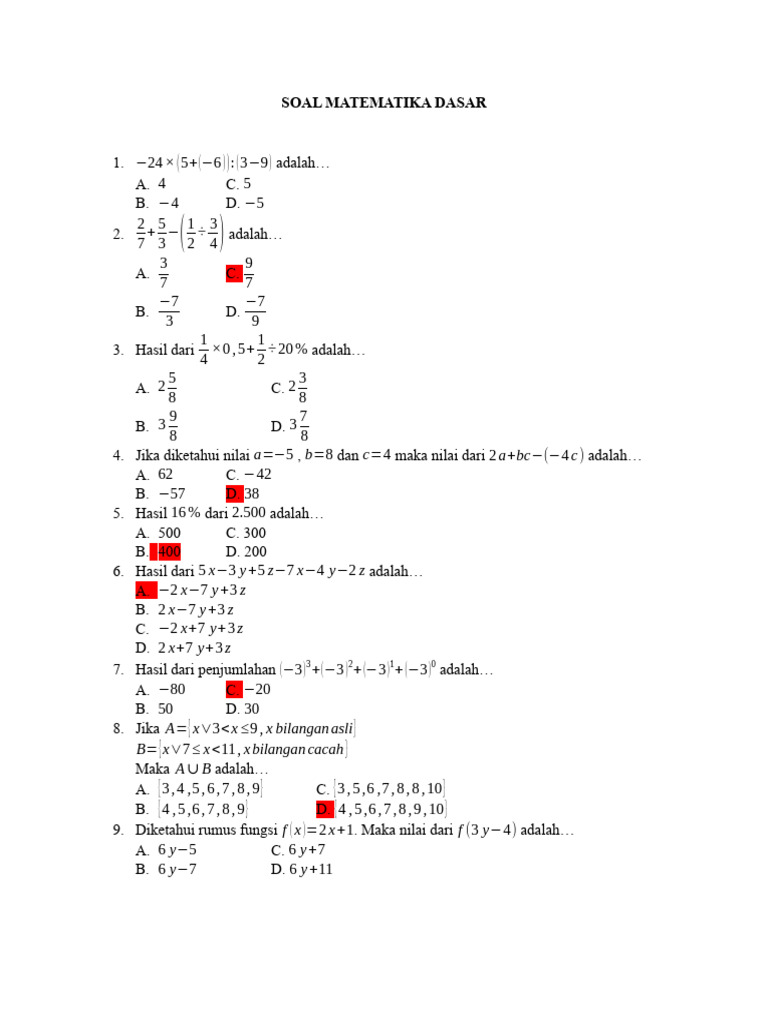 Soal Matematika Dasar TKD Siswa Baru Kelas X SMAS Harapan 1 Medan | PDF Soal Matematika Dasar TKD Siswa Baru Kelas X SMAS Harapan 1 Medan | PDF