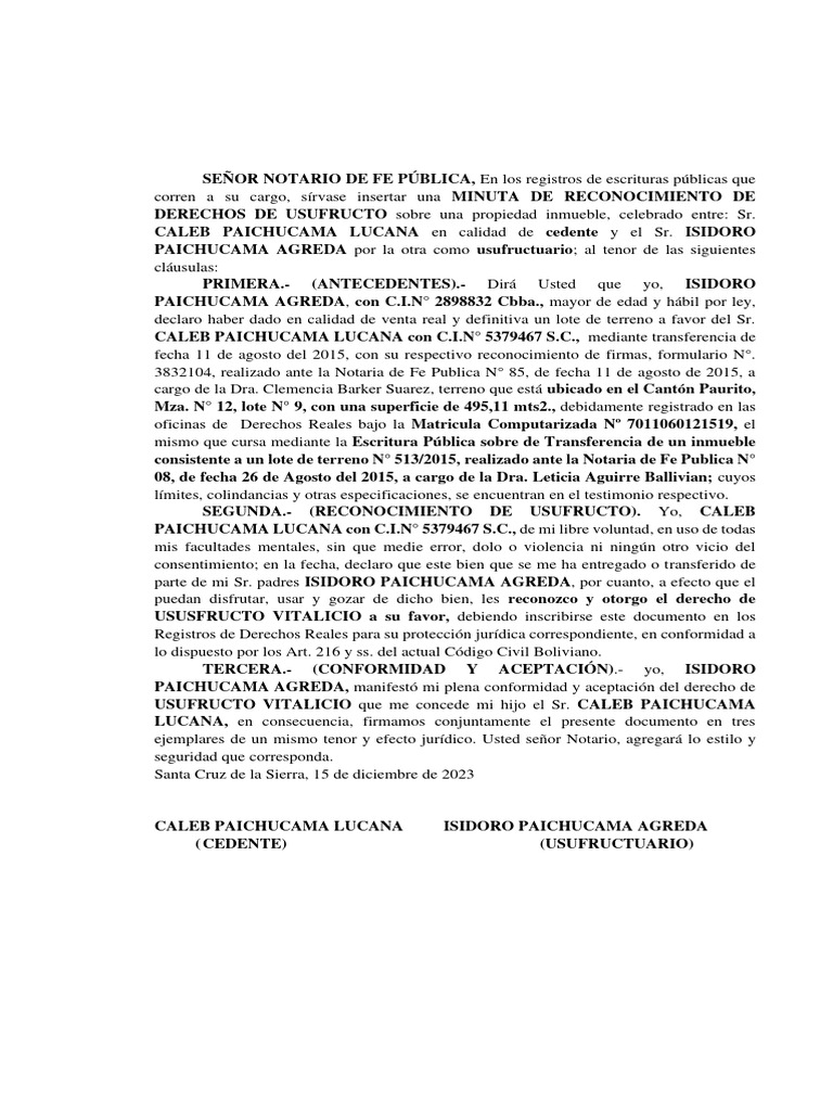 Minuta de Usufructo Vitalicio en Bolivia | PDF | Ley común | Derecho ...