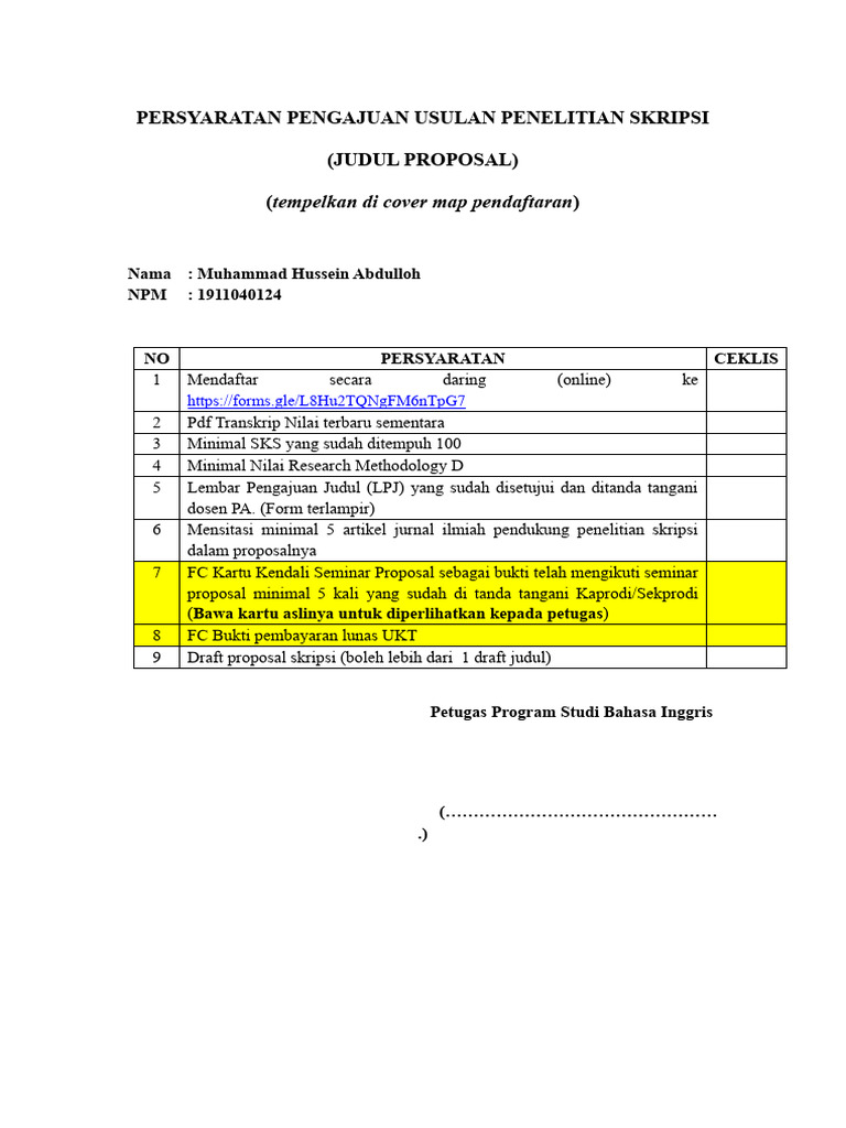 Persyaratan Pengajuan Usulan Penelitian Skripsi (Judul Proposal) (Tempelkan Di Cover Map ...