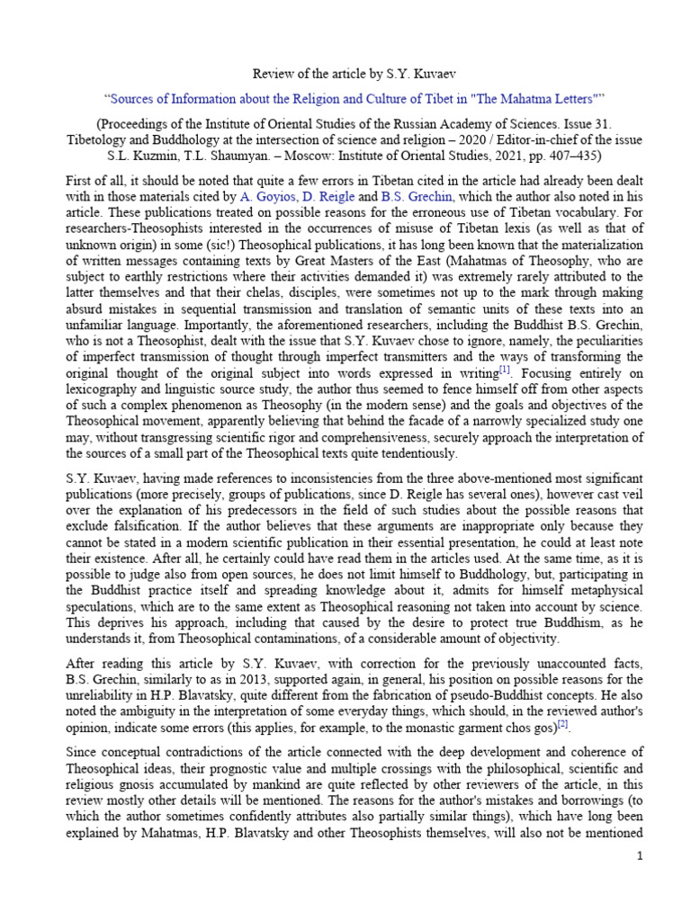 Review of "Sources of Information About The Religion and Culture of Tibet in "The Mahatma ...
