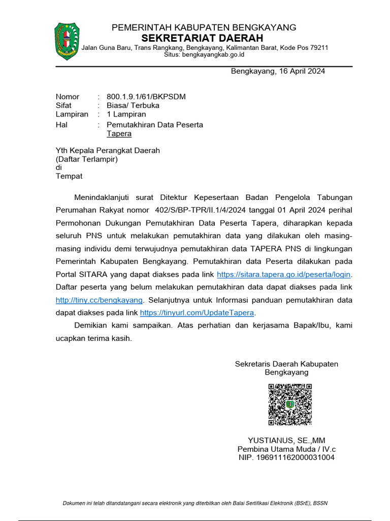 Surat Pemutakhiran Data Tapera PNS | PDF