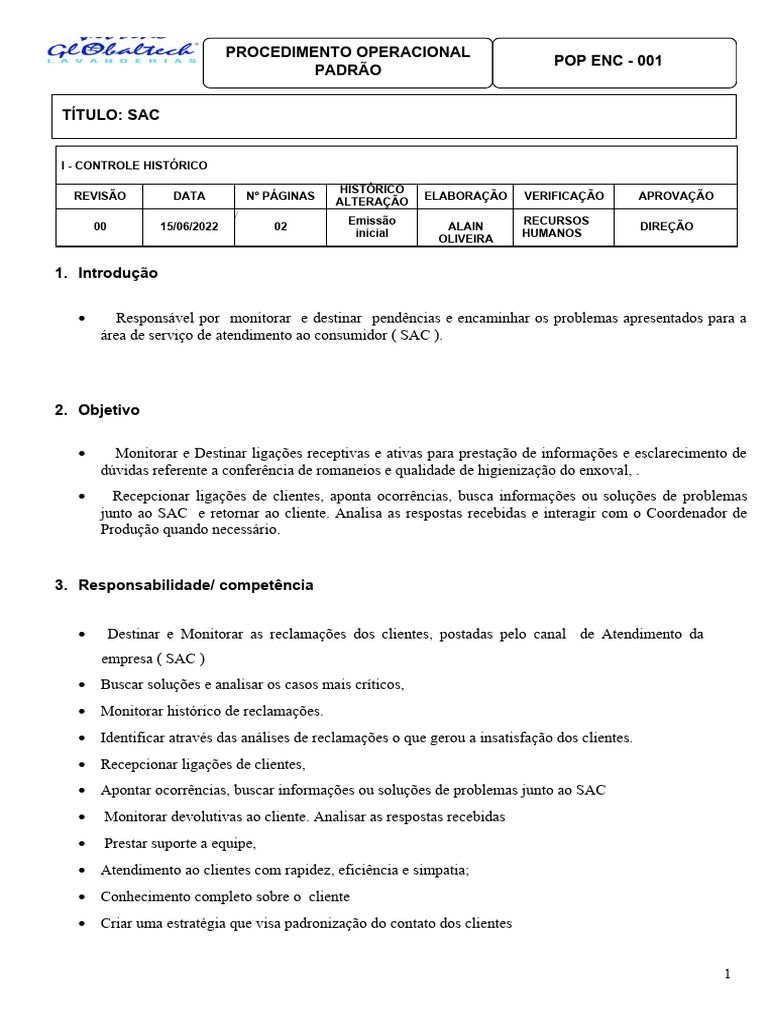 PROCEDIMENTO OPERACIONAL SAC | PDF | Business