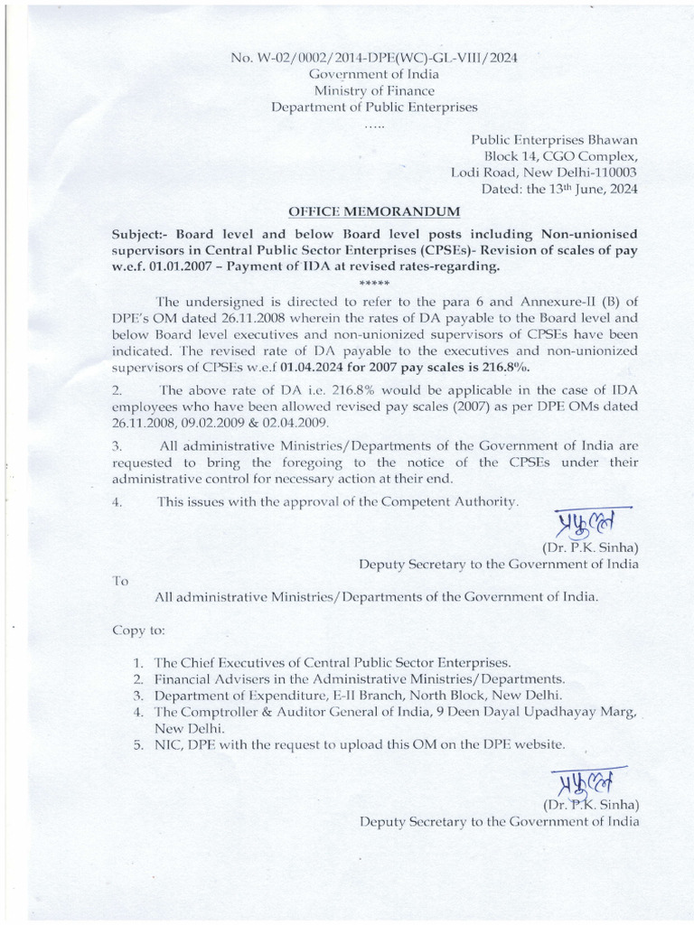 OM 13 June 2024 Regarding 2007 IDA Pay Scale, Revised DA Rate | PDF ...
