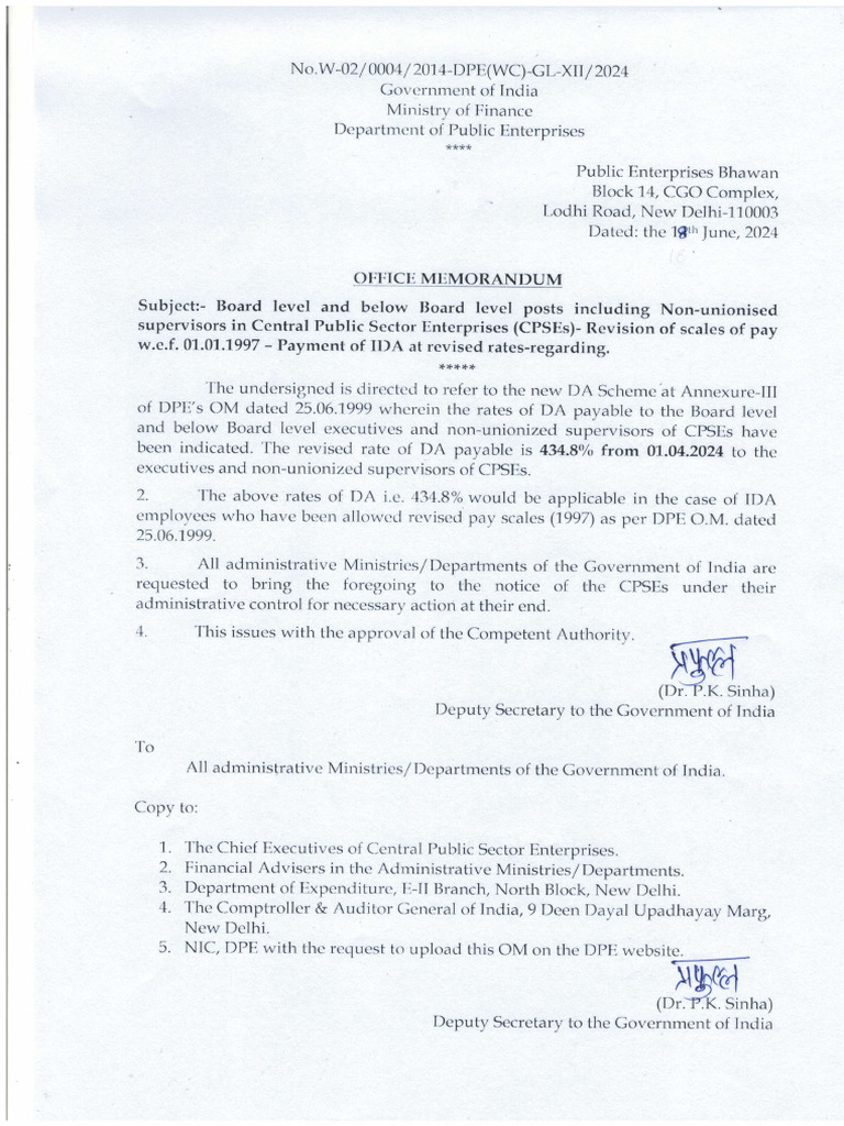 OM 18 June 2024 regarding 1997 IDA pay scales, revised DA rate | PDF