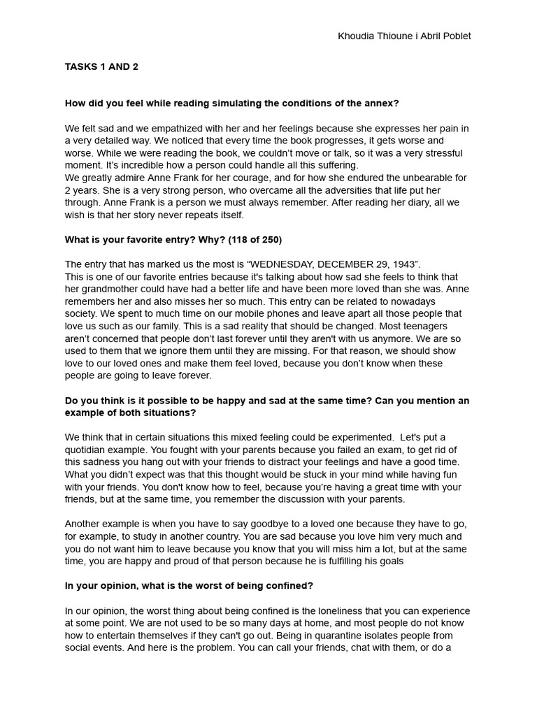 Anne Frank Task 1 and 2 | PDF | Feeling | Anne Frank