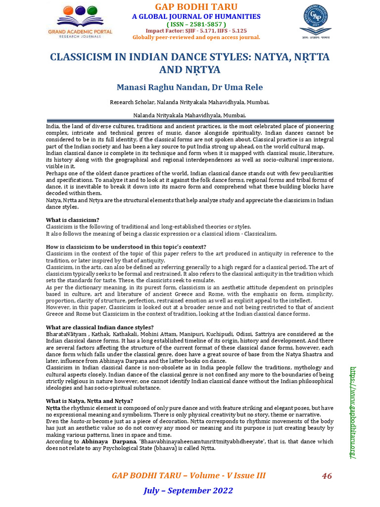 (46-50) CLASSICISM IN INDIAN DANCE STYLES NATYA, NTTA AND NTYA | Download Free PDF | Dances ...