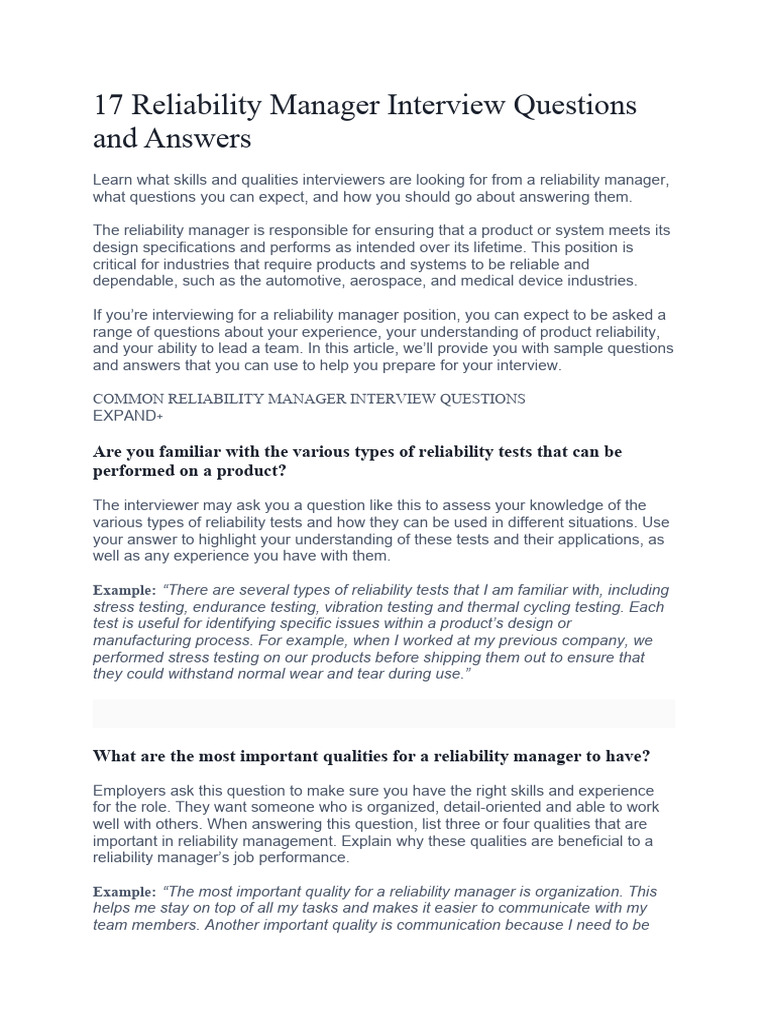 17 Reliability Manager Interview Questions and Answers | PDF ...
