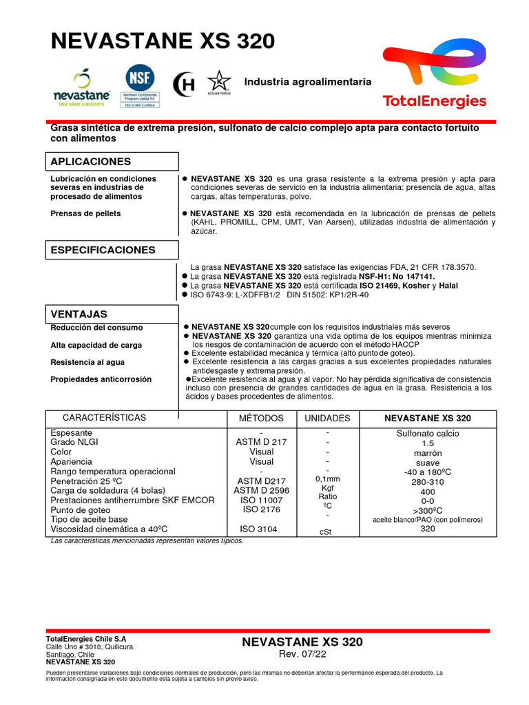Grasa NEVASTANE XS 320 para la industria alimentaria | PDF | Agua | Alimentos