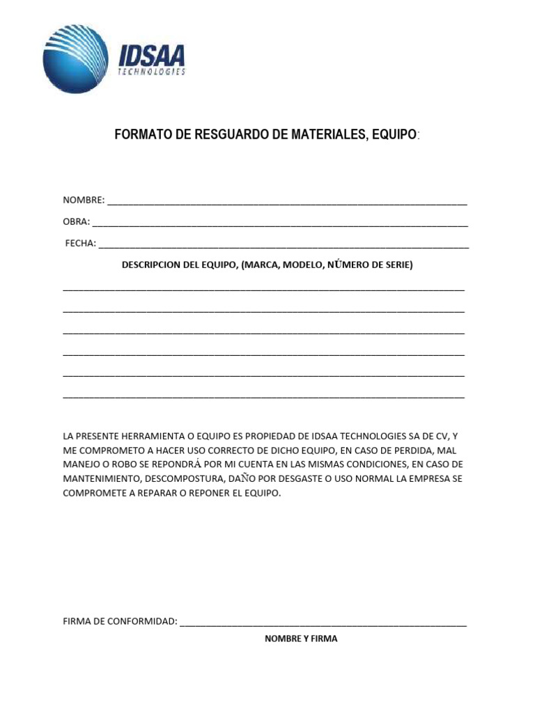 FORMATO DE RESGUARDO DE MATERIALES Y HERRAMIENTAS | PDF