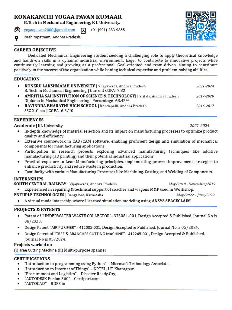 Yoga Pavan Resume | PDF | Mechanical Engineering | Engineering