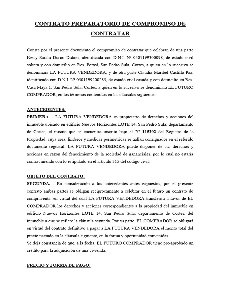 Contrato Preparatorio de Compromiso de Contratar | PDF | Ley común | Derecho privado
