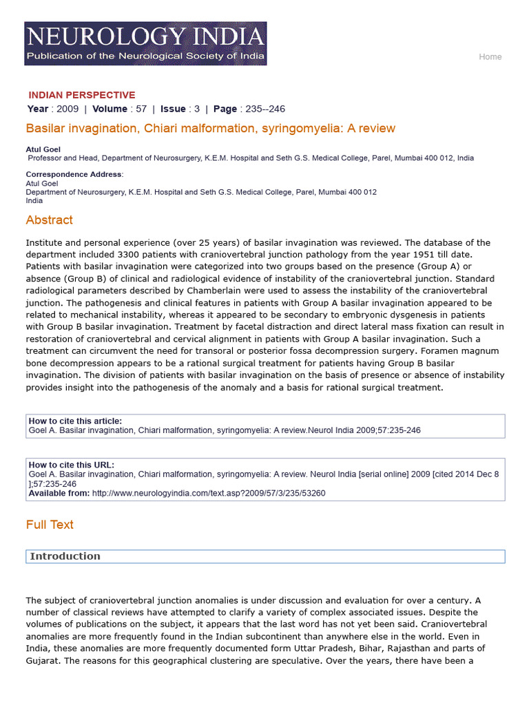 Basilar Invagination, Chiari Malformation, Syringomyelia A Review Batul ...