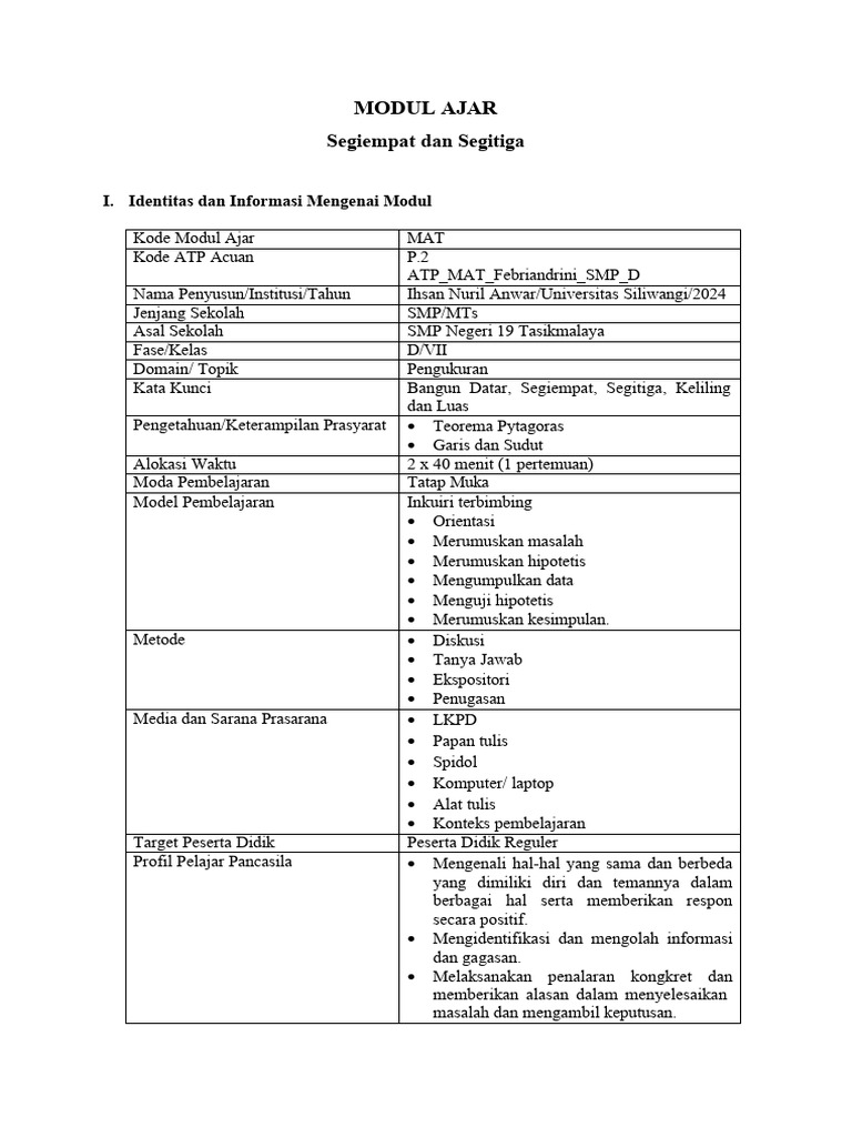 Modul Ajar Segiempat dan Segitiga SMP | PDF | Karier & Perkembangan | Seni