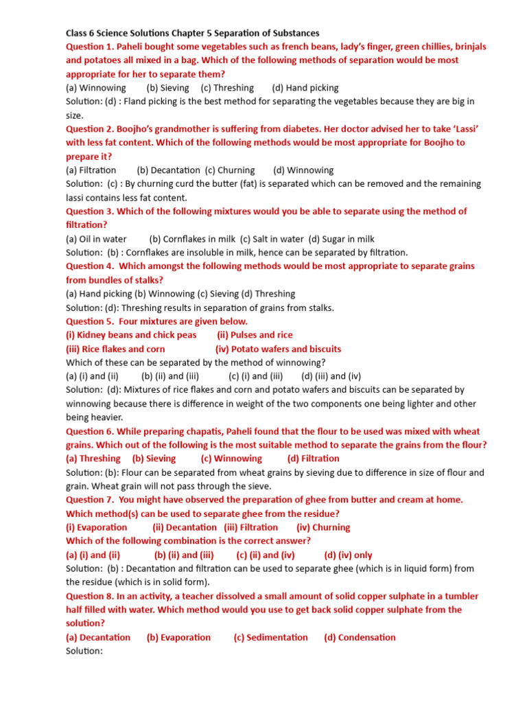 Class 6 Science: Separation Methods Explained | PDF | Water | Boiling