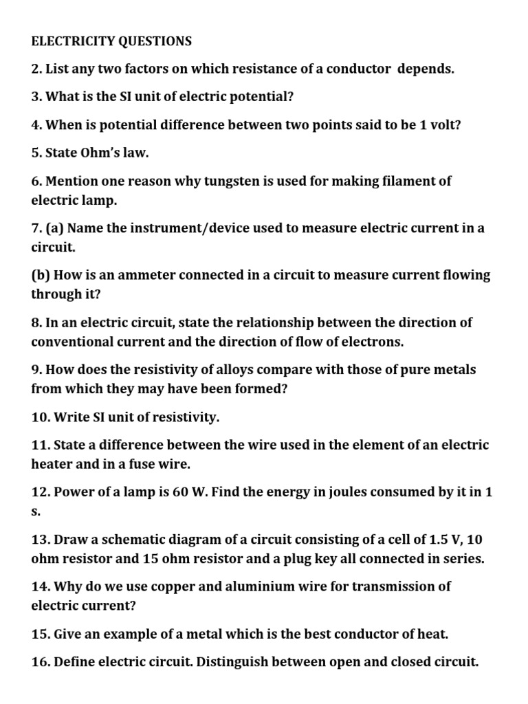 Electricity Questions | PDF | Electrical Resistance And Conductance ...