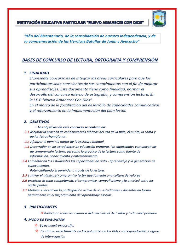 Bases de Concurso de Lectura y Comprensión 2024 | PDF | Comprensión ...