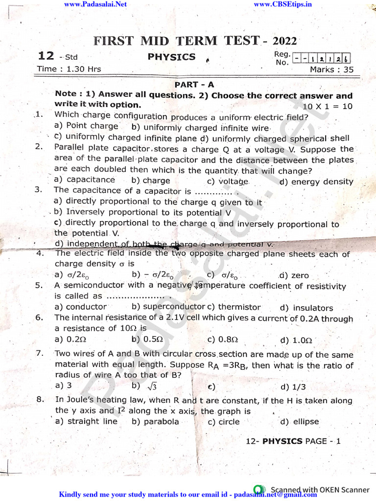 12th Physics EM 1st Mid Term Exam 2022 Question Paper Tirupattur District English Medium PDF ...