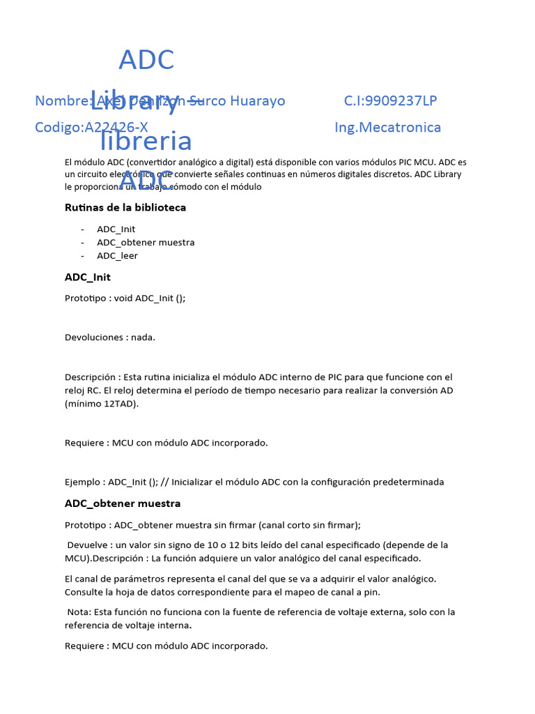 adc libreria | PDF | Conversor analógico a digital | Microcontrolador