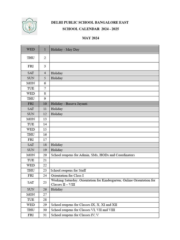 DPS Bangalore East School Calendar 2024-25 | PDF | Festival | Schools