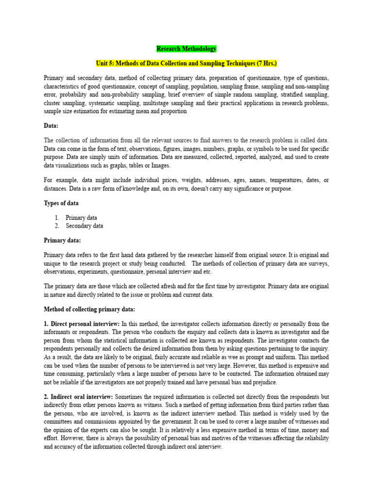 Unit-5 Research Methodology | PDF | Sampling (Statistics) | Sample Size Determination