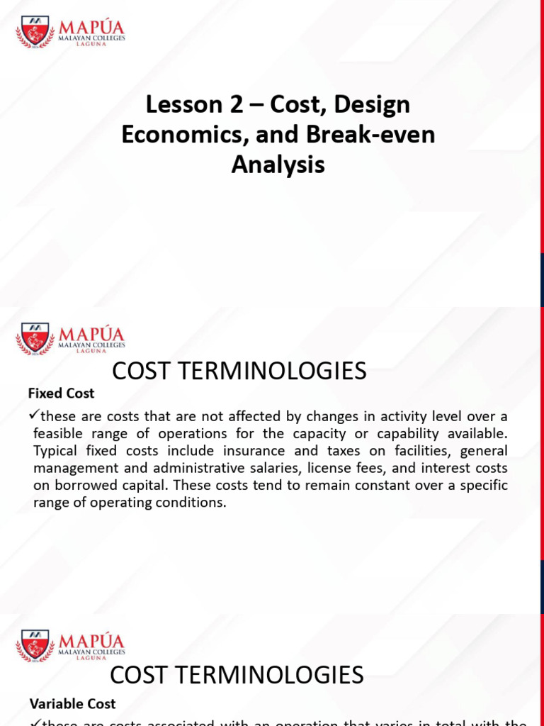 Lesson 2 - Cost - Design Economics - and Break Even Analysis | PDF ...
