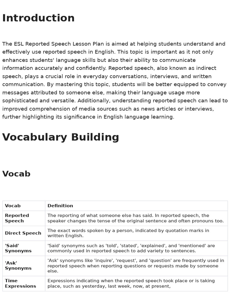ESL Reported Speech Lesson Plan Free PDF | PDF | Reading Comprehension ...