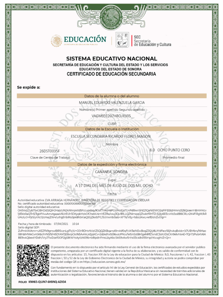 Certificado de Sonora | PDF