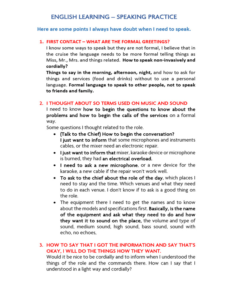 ENGLISH LEARNING – SPEAKING PRACTICE - cópia | PDF | Sound Production