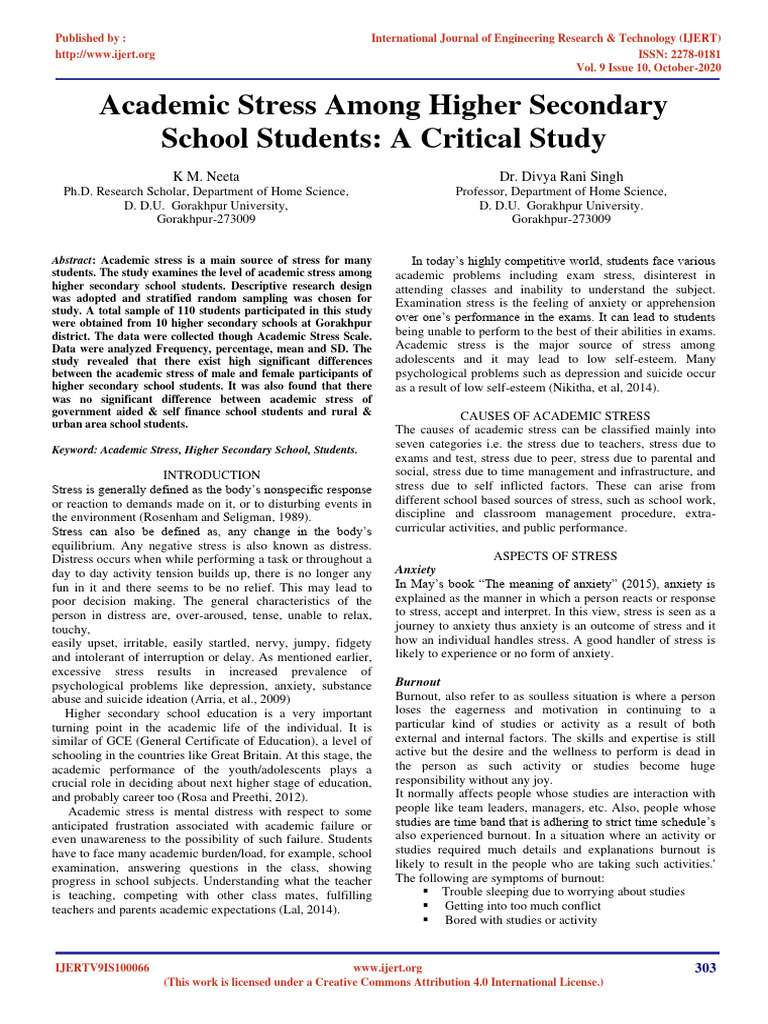 Academic Stress in Higher Secondary Students | PDF | Stress (Biology ...