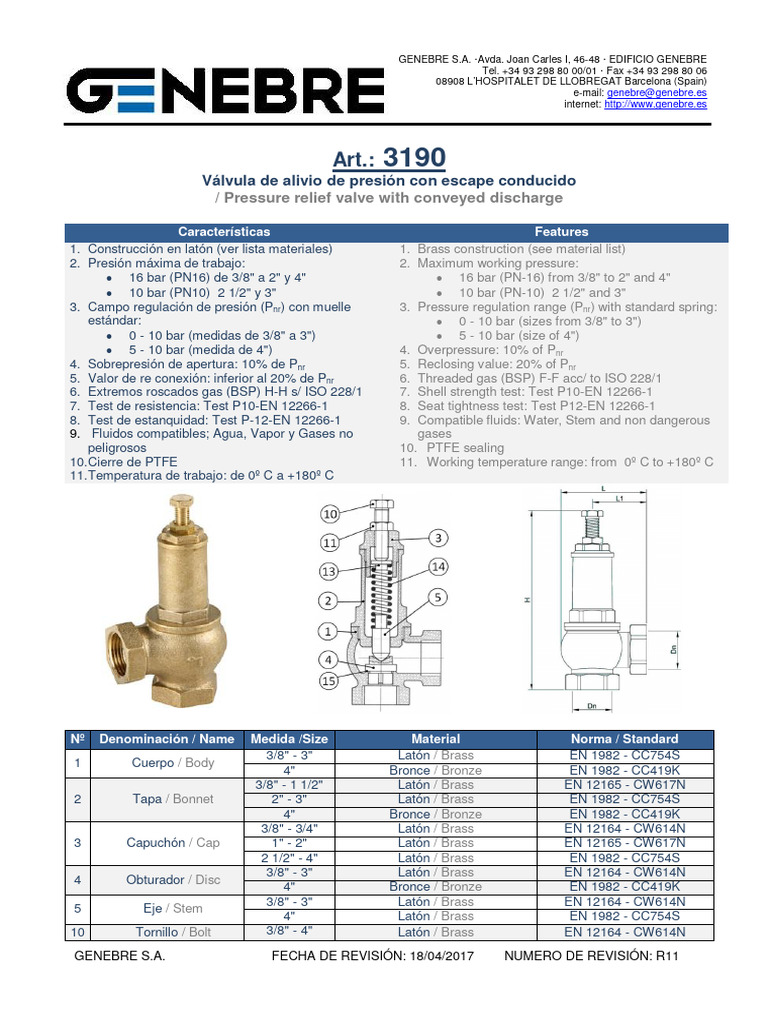 Válvula de Alivio Genebre 3190 | PDF | Ingeniería mecánica | Ingeniería ...